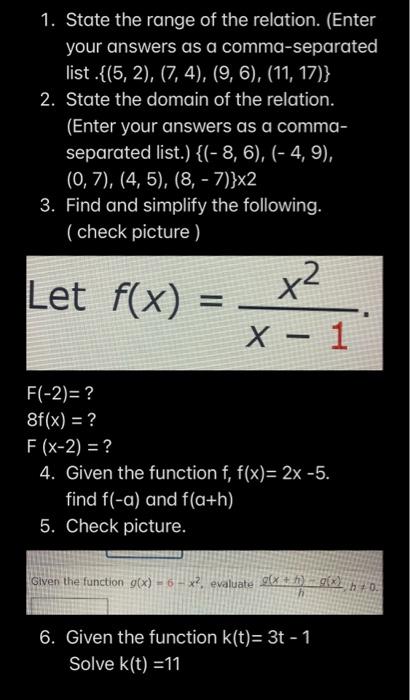 Solved 1. State the range of the relation. (Enter your | Chegg.com