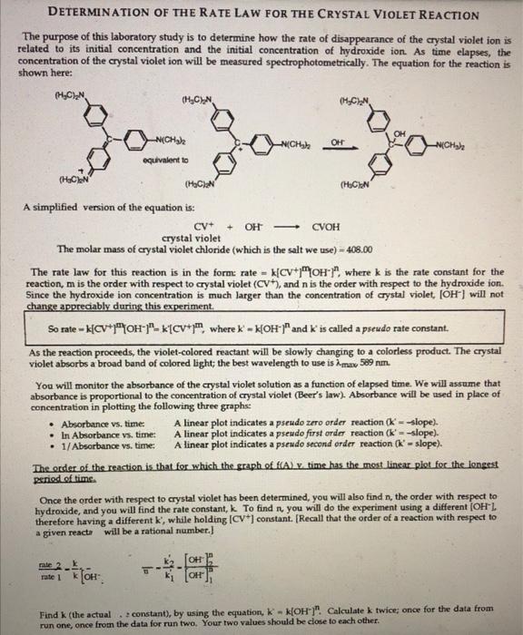 Solved DETERMINATION OF THE RATE LAW FOR THE CRYSTAL VIOLET | Chegg.com