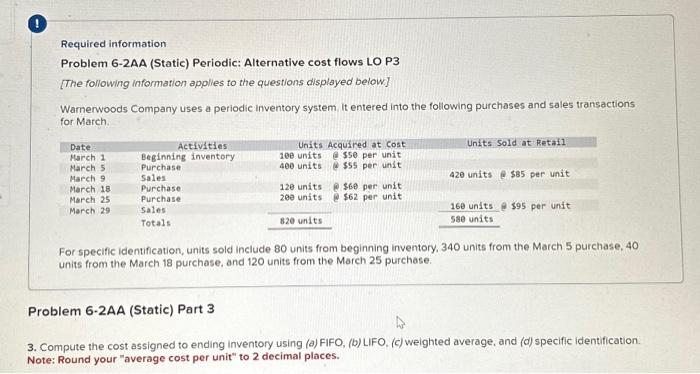 Solved ! Required information Problem 6-2AA (Static) | Chegg.com