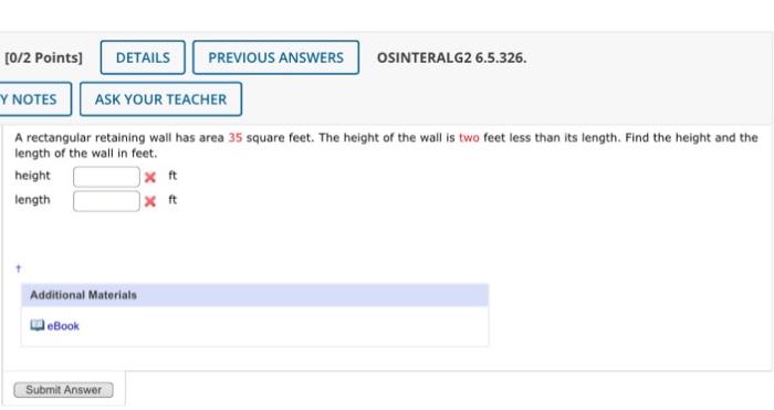Solved A rectangular retaining wall has area 35 square feet. | Chegg.com