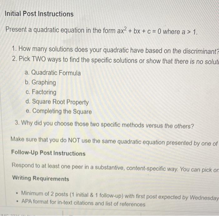 Solved Initial Post Instructions Present a quadratic | Chegg.com