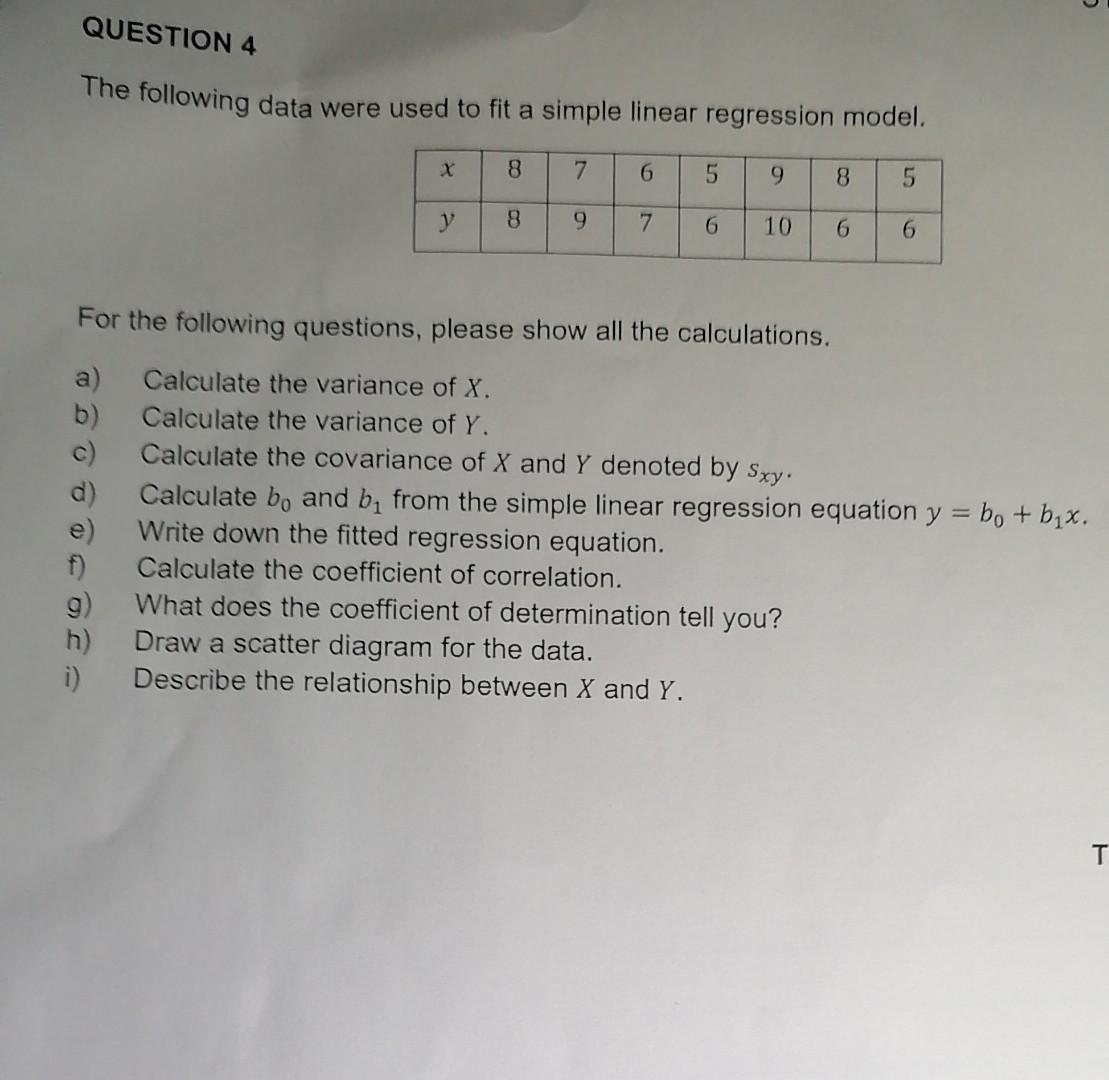 Solved The following data were used to fit a simple linear | Chegg.com