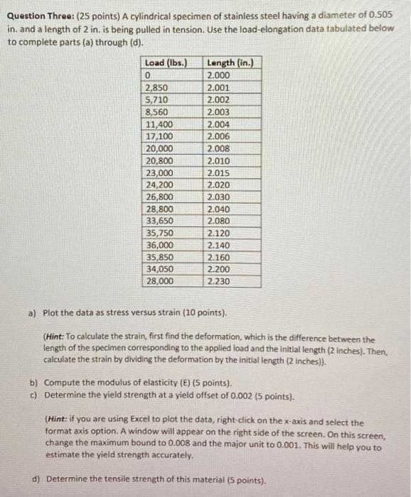 Solved Question Three: (25 points) A cylindrical specimen of | Chegg.com