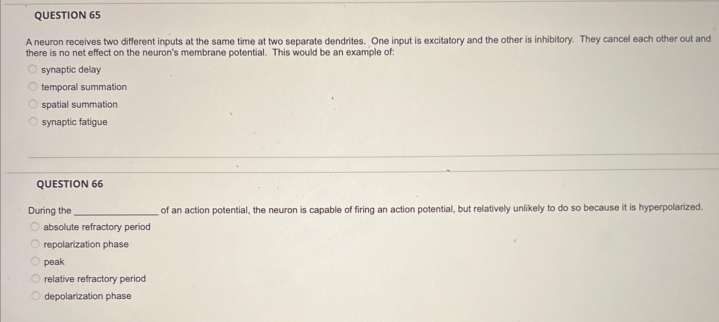 Solved QUESTION 65A neuron receives two different inputs at | Chegg.com