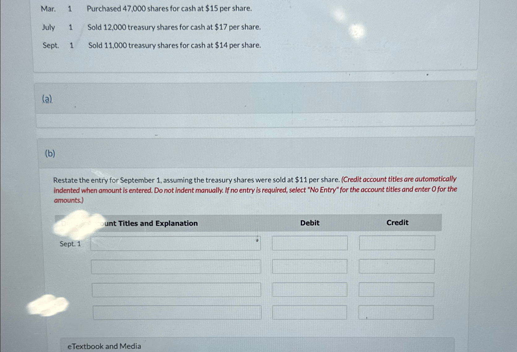 Solved Mar. 1 ﻿Purchased 47,000 ﻿shares for cash at $15 ﻿per | Chegg.com