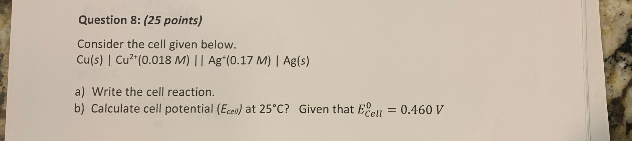 Solved Question 8: (25 ﻿points)Consider the cell given | Chegg.com