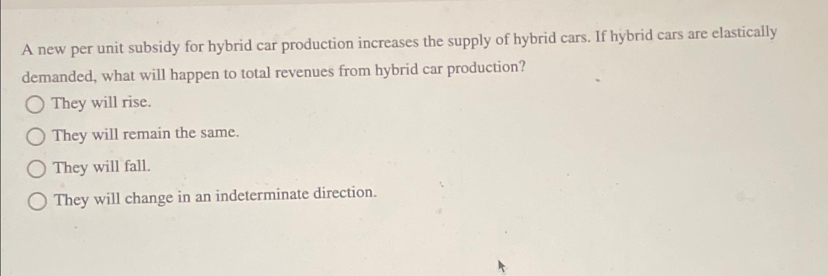 Solved A new per unit subsidy for hybrid car production | Chegg.com