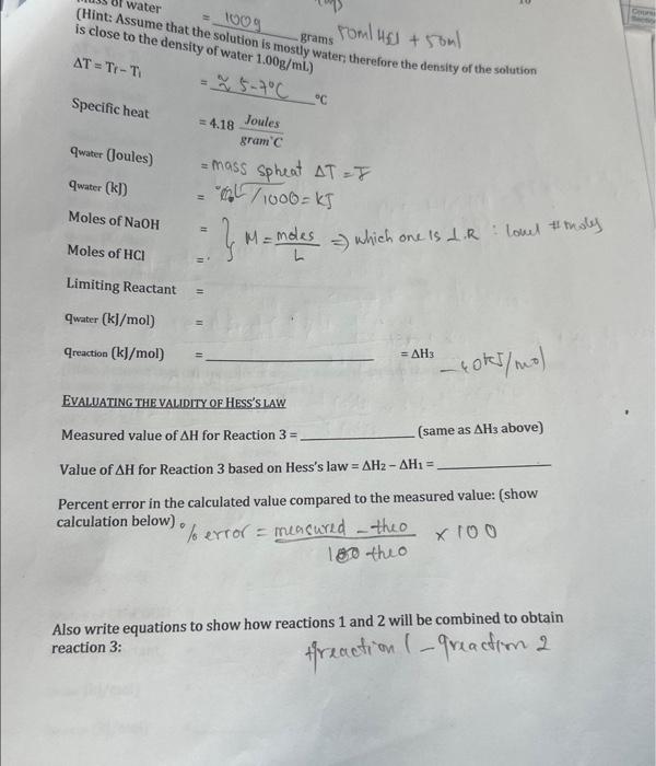 Solved REACTION.2 Mass of water = grams (Hint: Assume that | Chegg.com