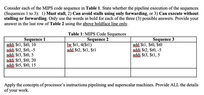 Solved Consider each of the MIPS code sequence in Table 1. | Chegg.com