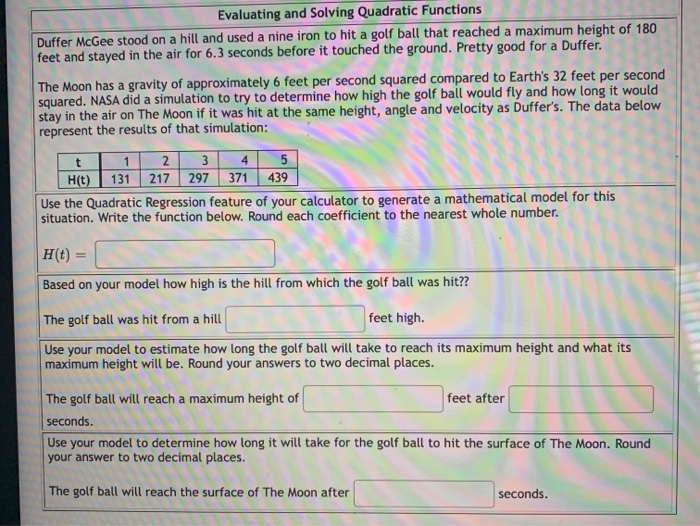 Solved Evaluating and Solving Quadratic Functions Duffer | Chegg.com