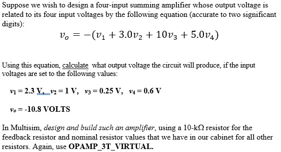 Solved Suppose we wish to design a four-input summing | Chegg.com