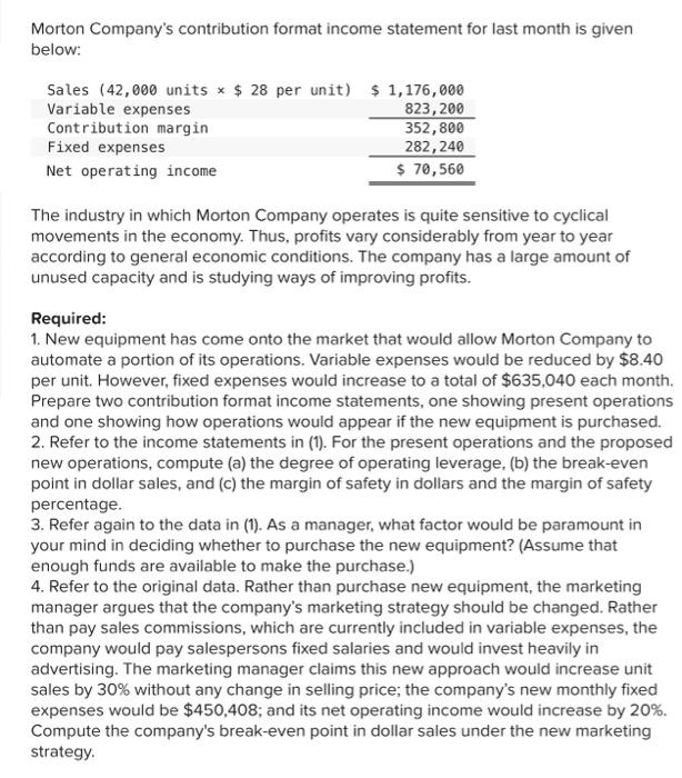 Solved Morton Company's contribution format income statement | Chegg.com