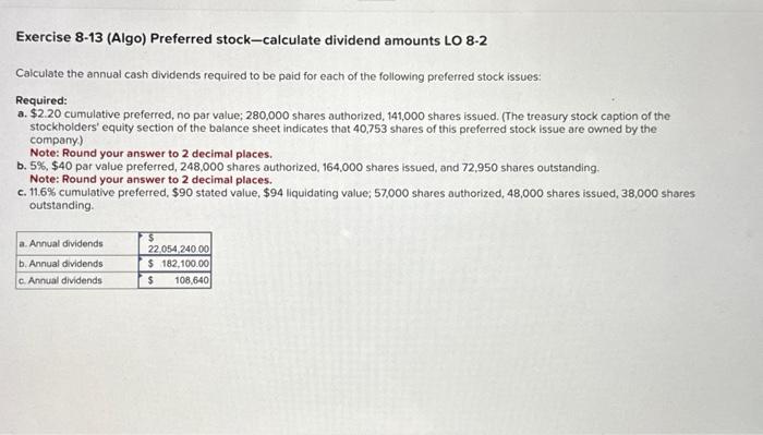 Solved Exercise 8-13 (Algo) Preferred stock-calculate | Chegg.com