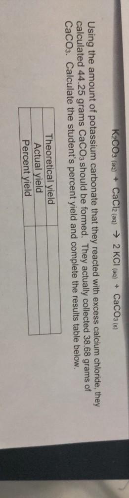 Solved K2CO3 (aq) + CaCl2 (aq) + 2 KCl (aq) + CaCO3 (s) | Chegg.com