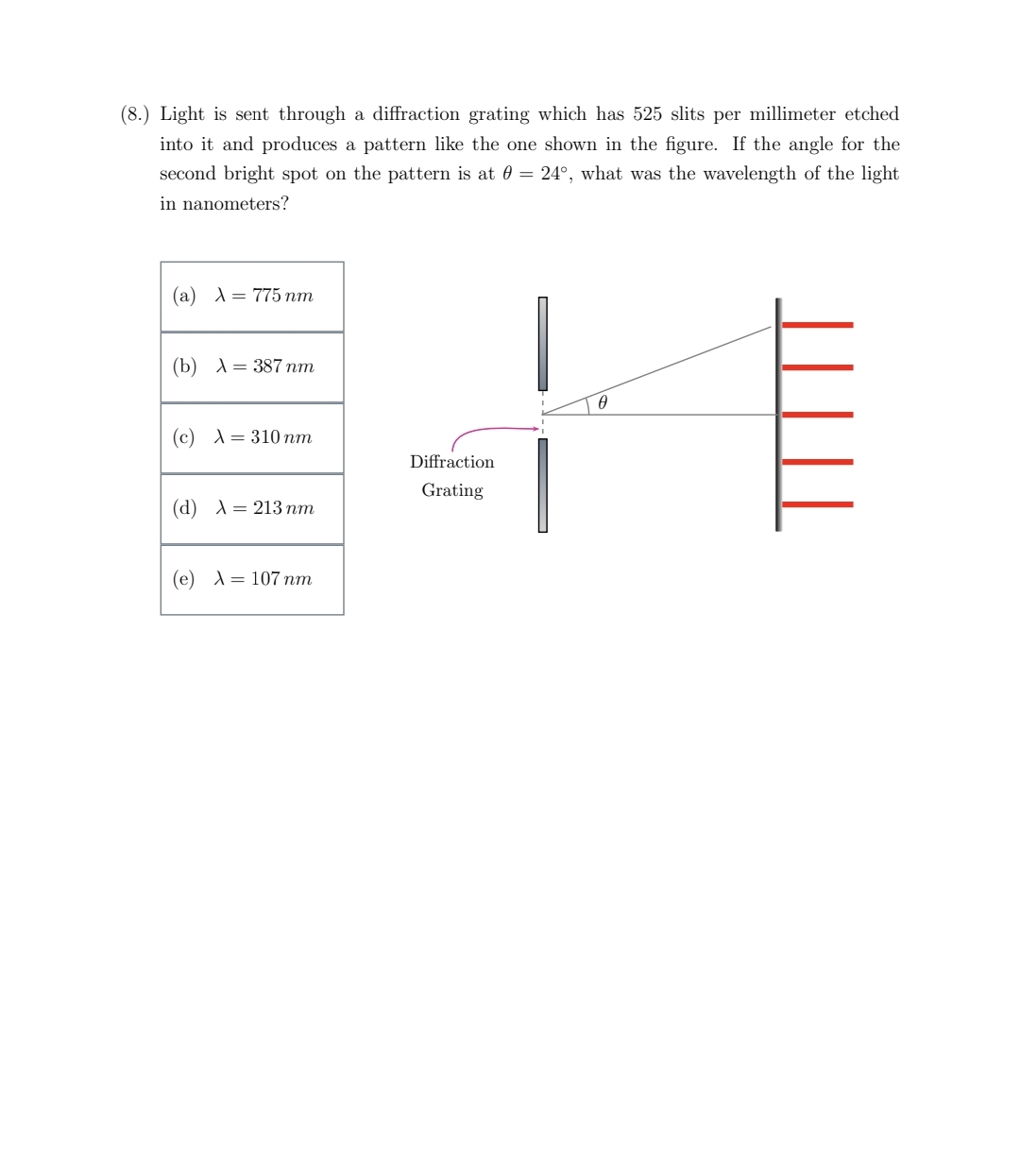 Solved (8.) ﻿Light is sent through a diffraction grating | Chegg.com