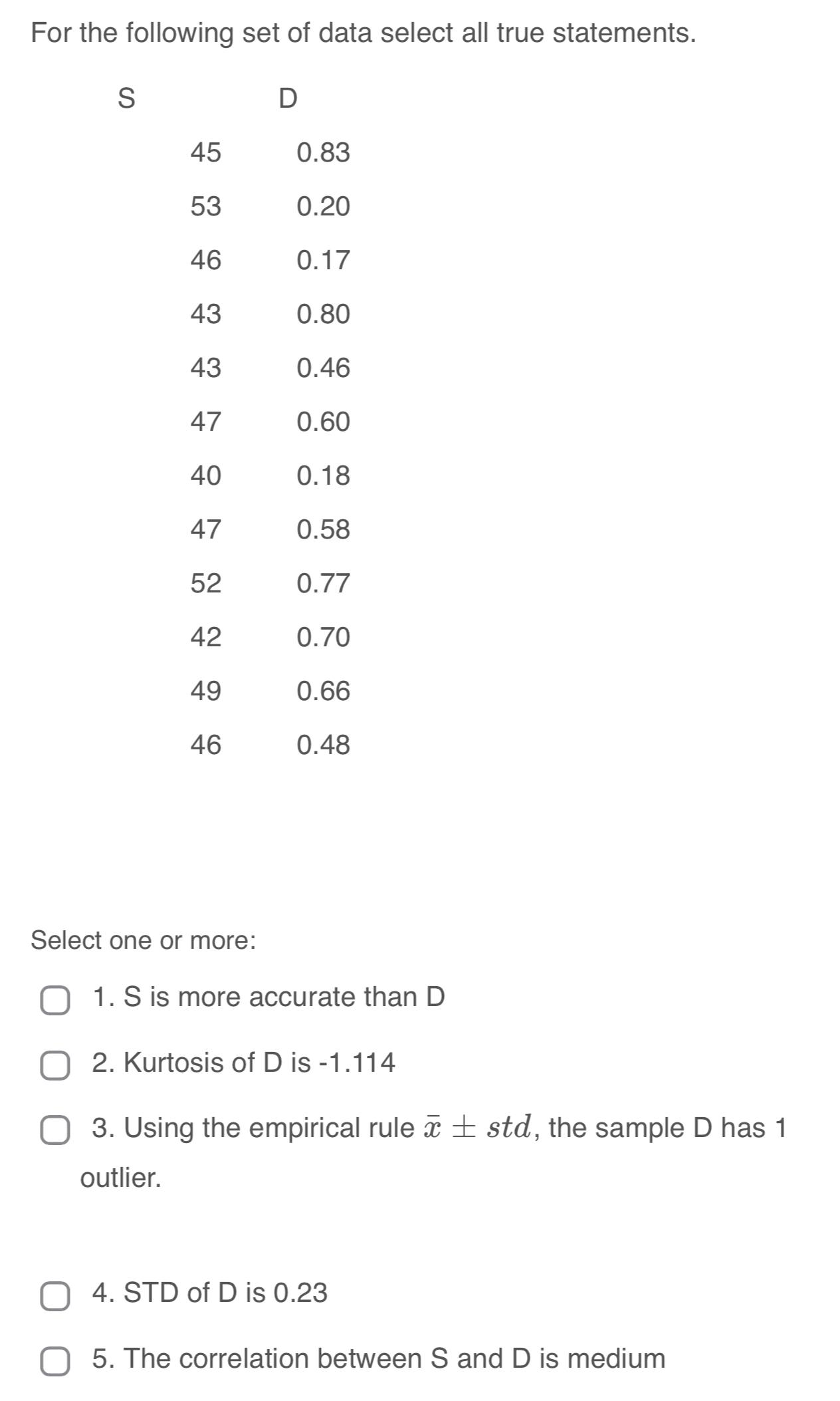 Solved For the following set of data select all true | Chegg.com