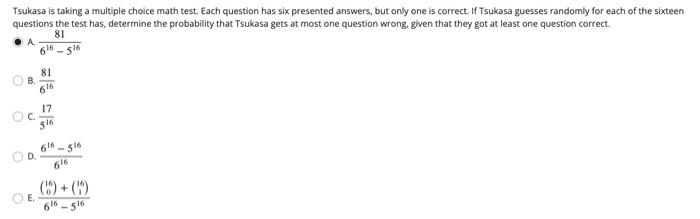 Solved Tsukasa is taking a multiple choice math test. Each | Chegg.com