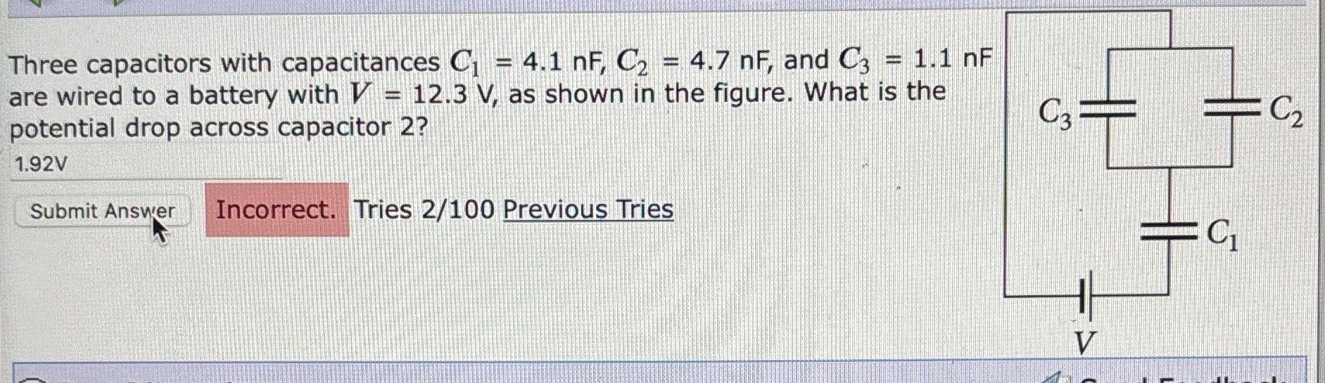Solved Three capacitors with capacitances C1=4.1nF,C2=4.7nF, | Chegg.com