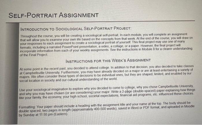 INTRODUCTION TO SOCIOLOGICAL SELF-PORTRAIT PROJECT: | Chegg.com