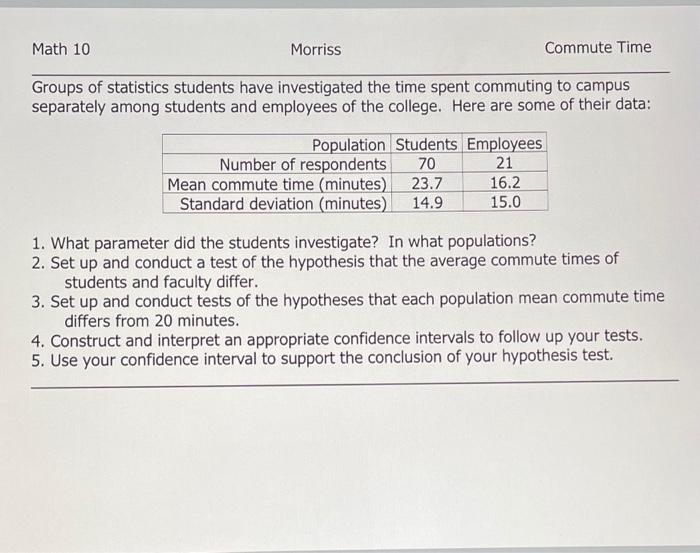 Solved Math 10 Morriss Commute Time Groups of statistics | Chegg.com