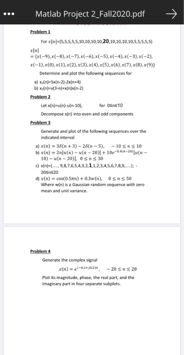 Matlab Project 2_Fall2020.pdf Problem 1 For | Chegg.com
