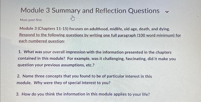 Solved Module 3 Summary And Reflection Questions Must Post