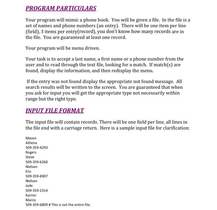 Solved PROGRAM PARTICULARS Your program will mimic a phone | Chegg.com