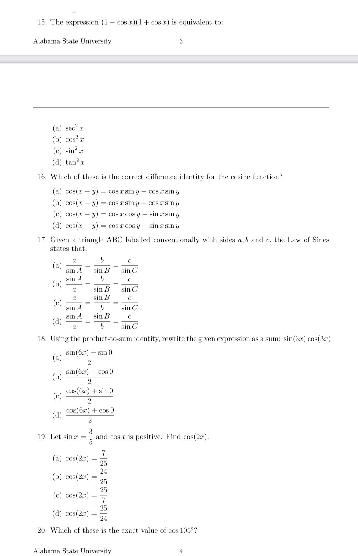 Solved The expression (1-cosx)(1+cosx) ﻿is equivalent | Chegg.com