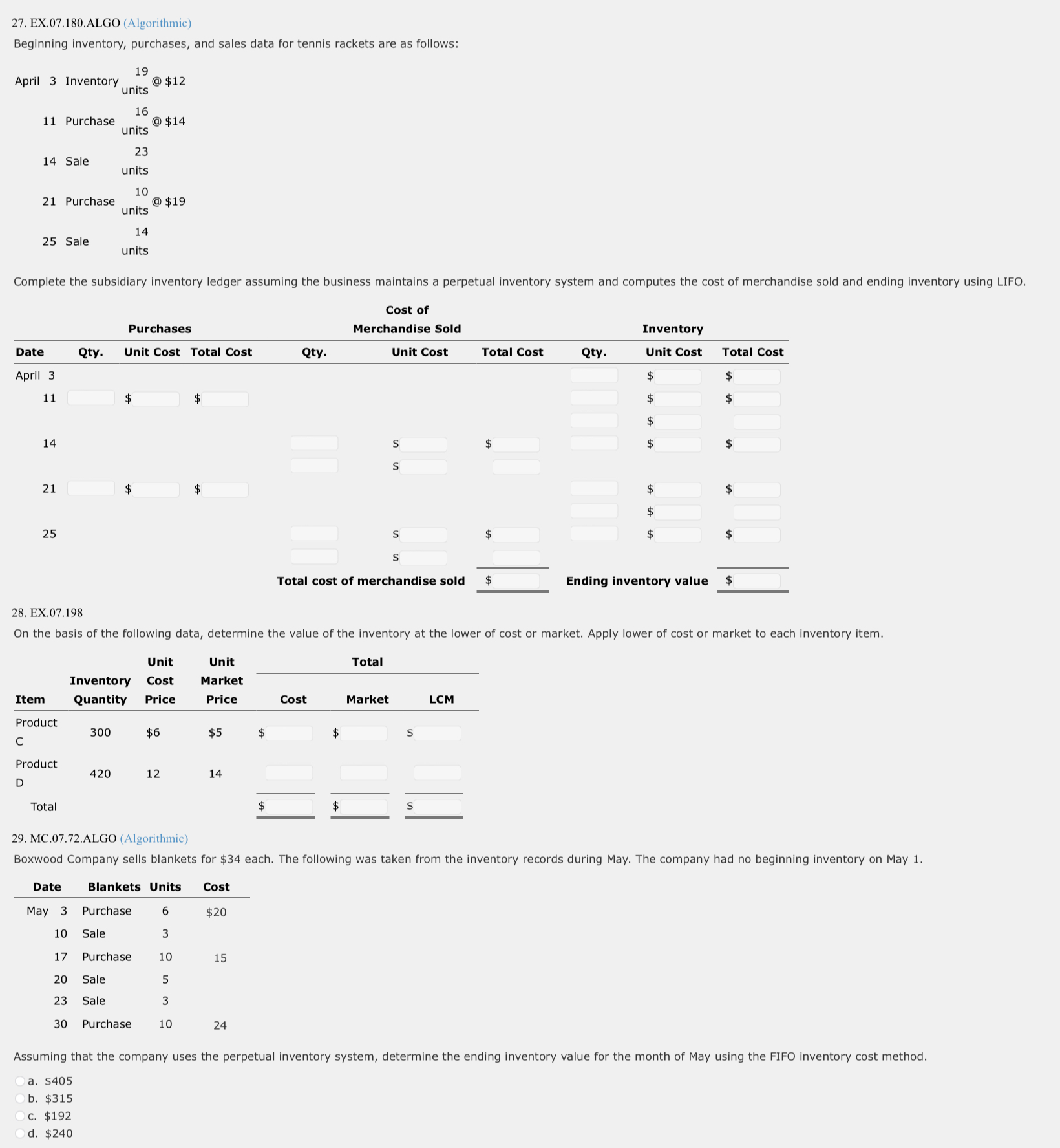 Solved EX.07.180.ALGO (Algorithmic)Beginning inventory, | Chegg.com