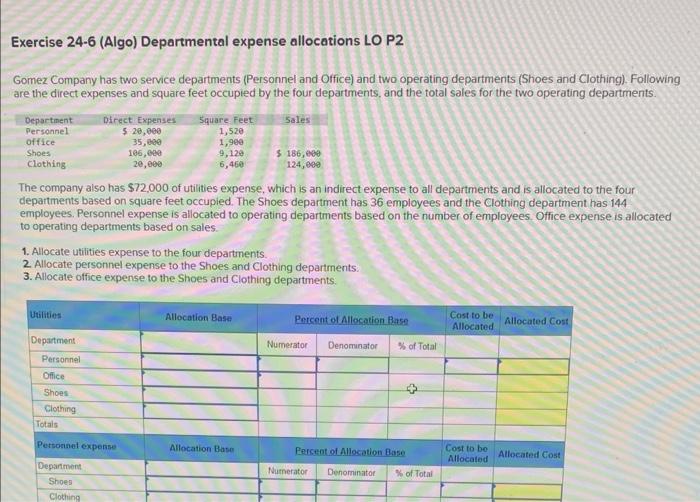 Solved Exercise 24-6 (Algo) Departmental expense allocations | Chegg.com