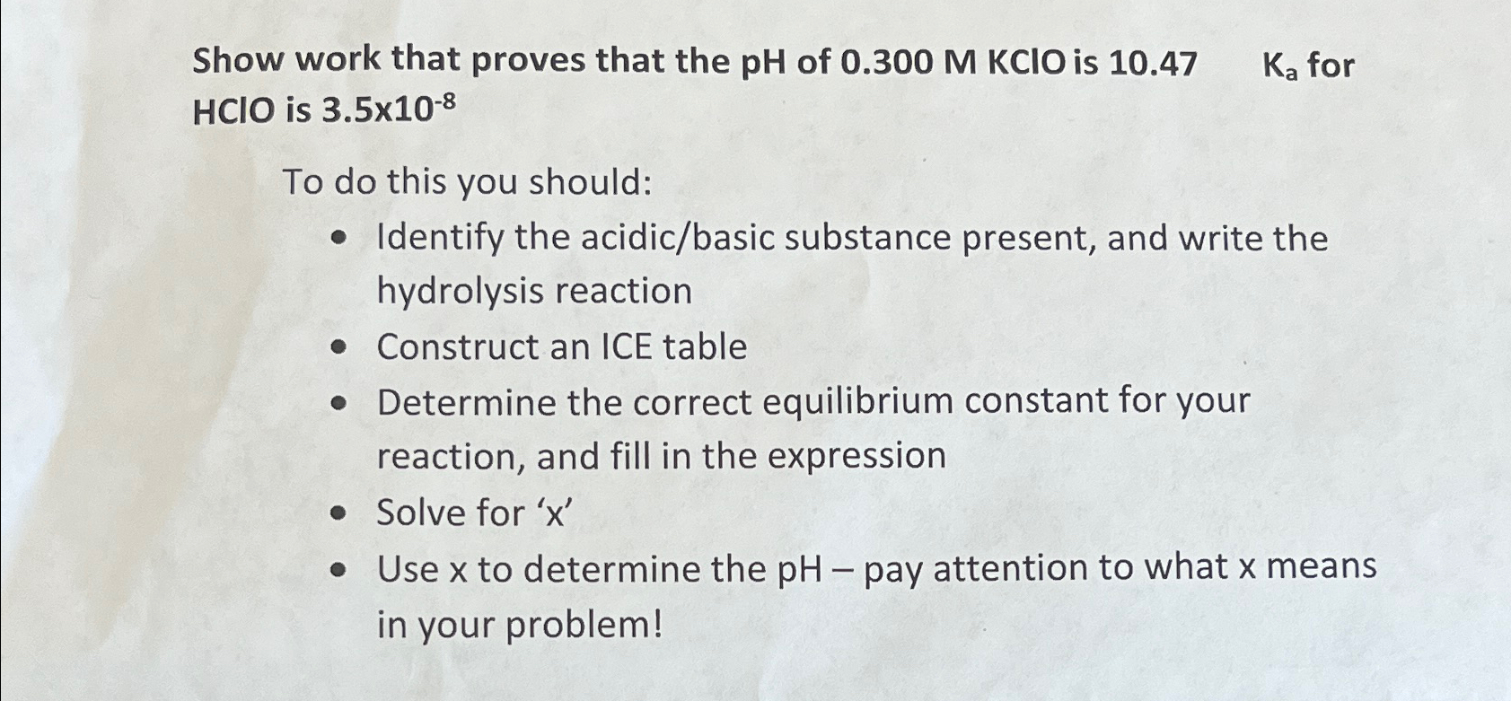 Solved Show work that proves that the pH ﻿of 0.300M ﻿KCIO is | Chegg.com