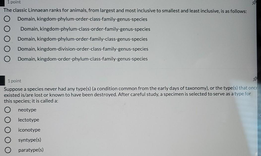 Solved 1 point The classic Linnaean ranks for animals, from | Chegg.com