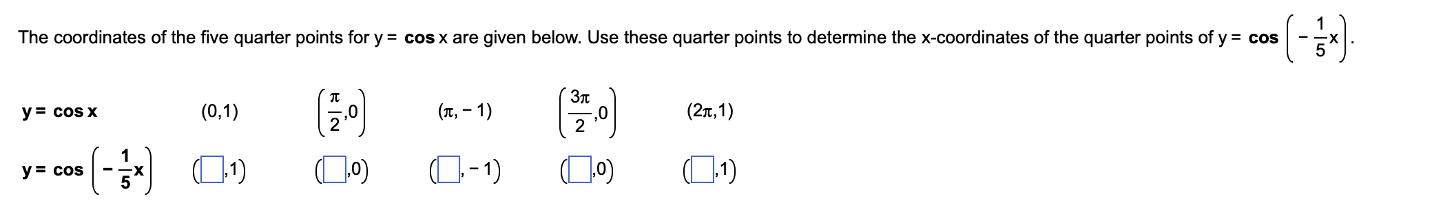 Solved The coordinates of the five quarter points for y=cosx | Chegg.com