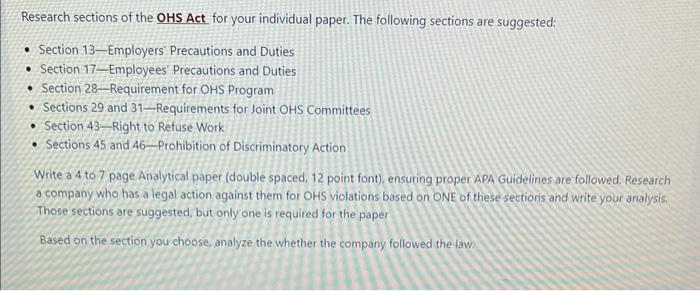 Research sections of the OHS Act for your individual | Chegg.com