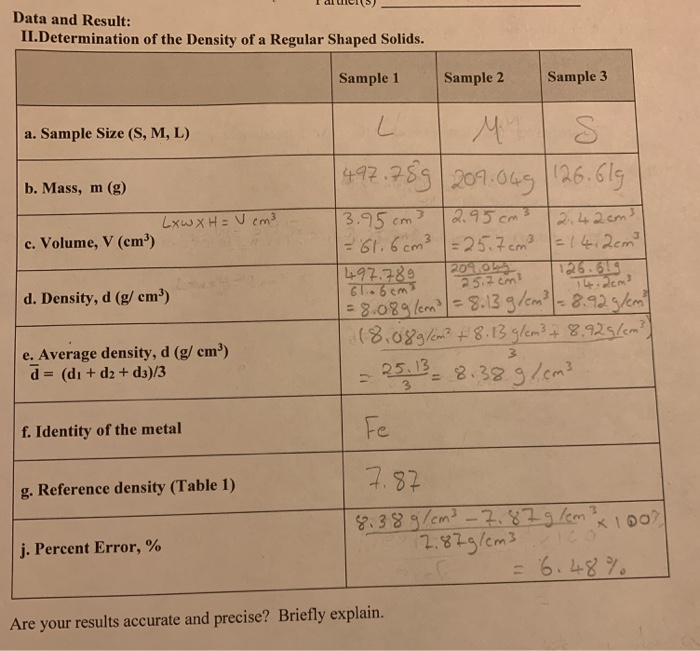 Solved Data and Result: II.Determination of the Density of a | Chegg.com