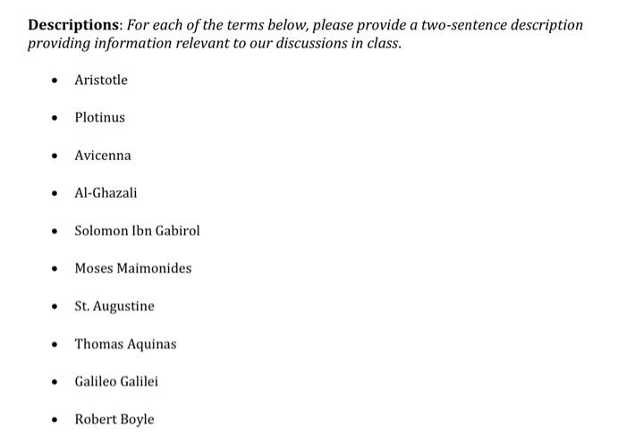 Descriptions: For each of the terms below, please | Chegg.com