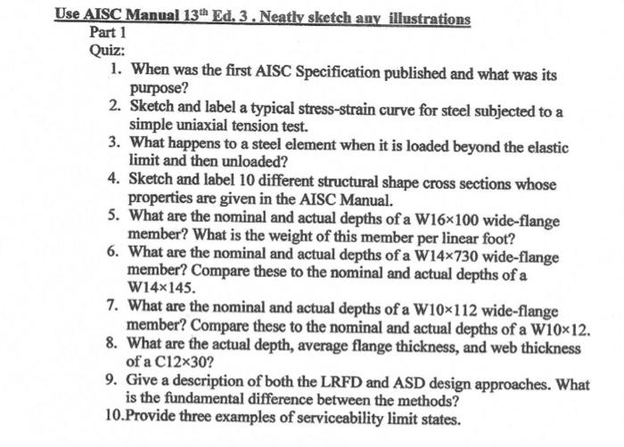 Part 1 Quiz: 1. When was the first AISC Specification | Chegg.com