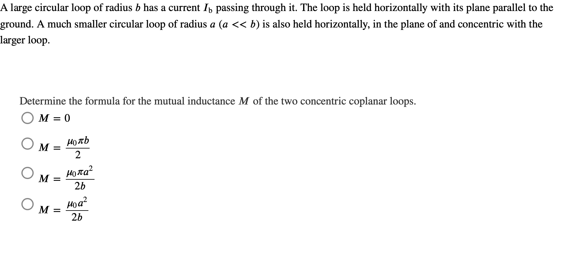 [Solved]: A large circular loop of radius b has a current I_