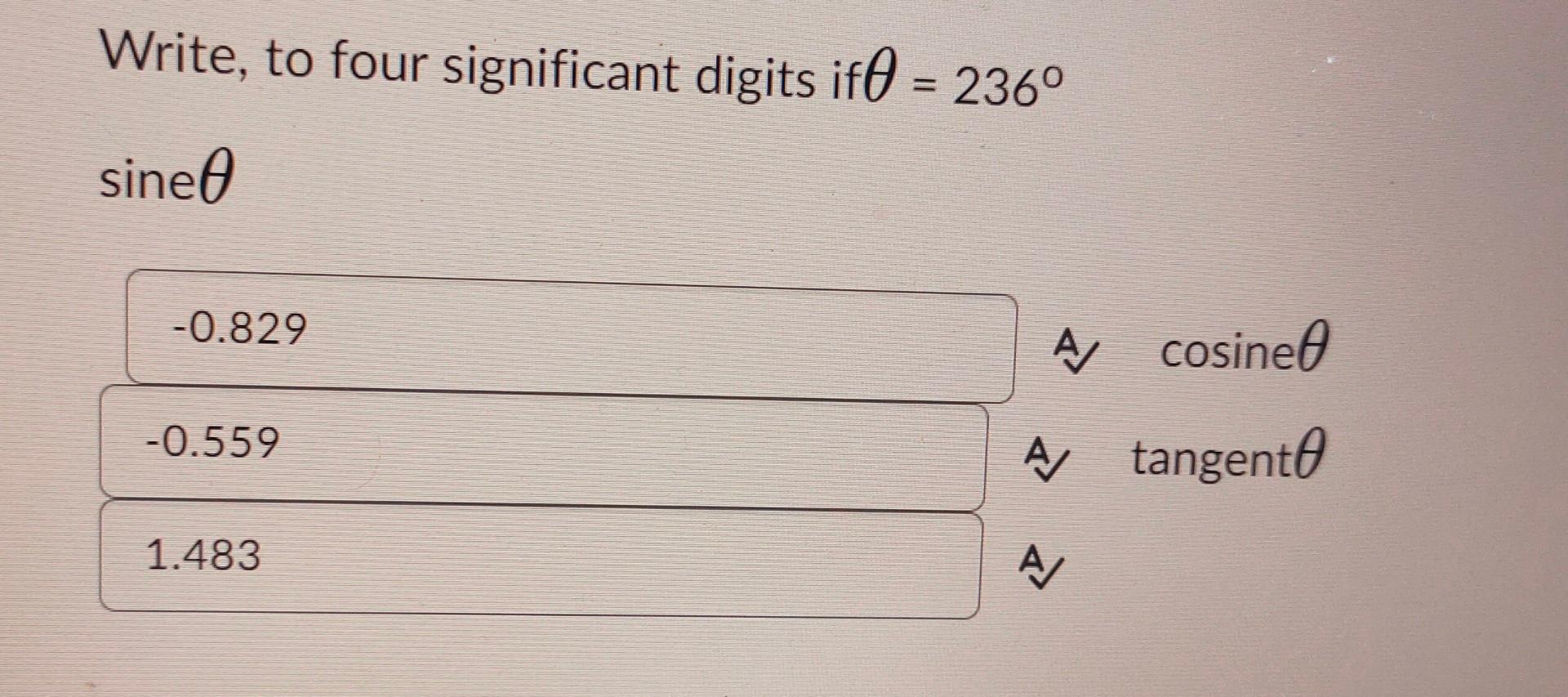 Solved Write, to four significant digits if θ=236∘ sineθ A | Chegg.com