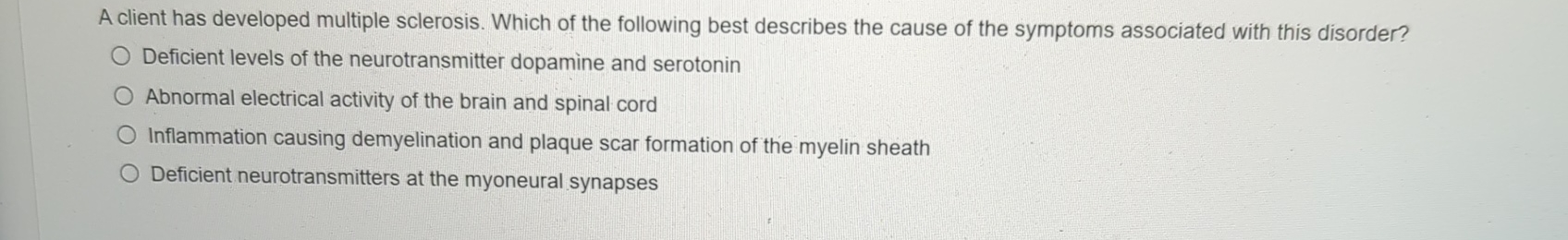 Solved A client has developed multiple sclerosis. Which of | Chegg.com