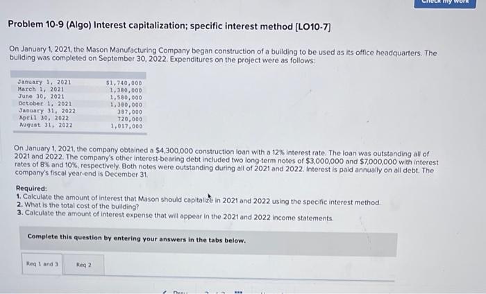 Solved Problem 10-9 (Algo) Interest capitalization; specific | Chegg.com