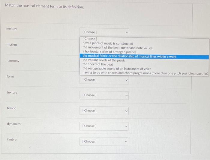 Solved Match the musical element term to its definition | Chegg.com