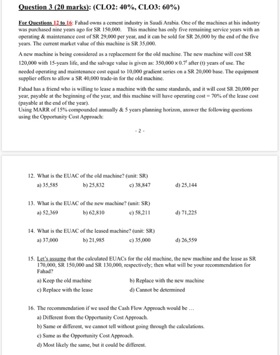 Solved Question 3 (20 marks): (CLO2: 40%, CLO3: 60%) For | Chegg.com