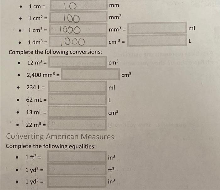 Solved mm mm2 mm = ml • 1 cm = 10 • 1 cm2 = 100 • 1 cm3 = | Chegg.com