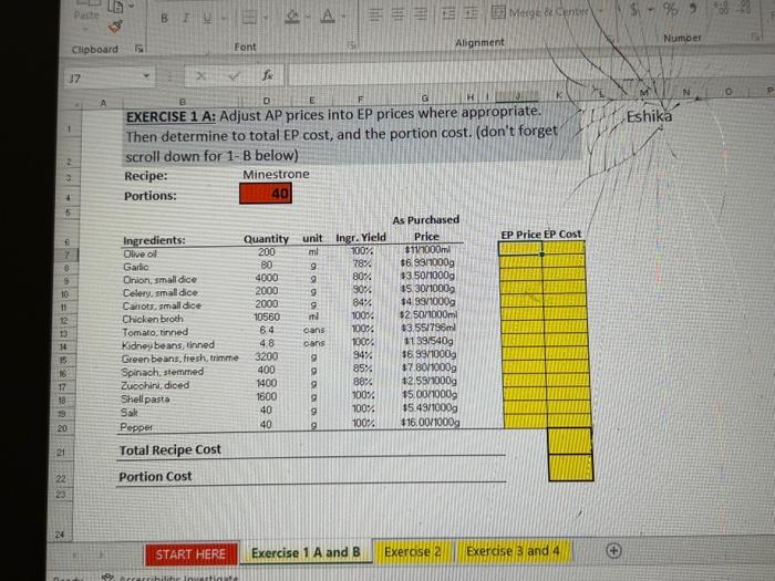 Solved EXERCISE 1 A: Adjust AP prices into EP prices where | Chegg.com