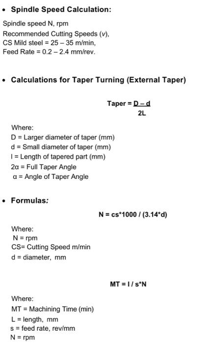 PROCESS SHEET:- Spindle Speed Calculation: Spindle | Chegg.com