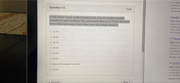Solved Question 15 5 pts W rad A cold worked copper sample | Chegg.com