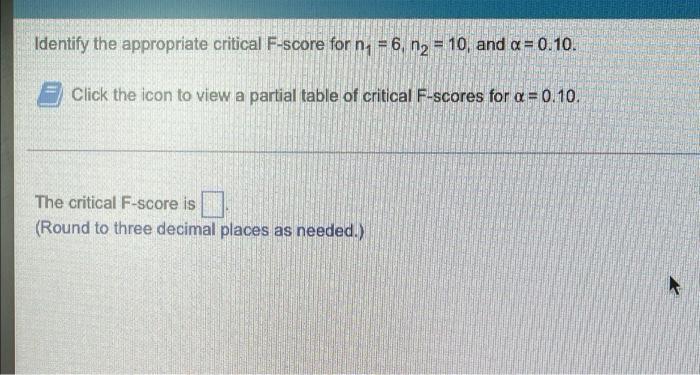 Solved Identify the appropriate critical F-score for n1 = 6, | Chegg.com