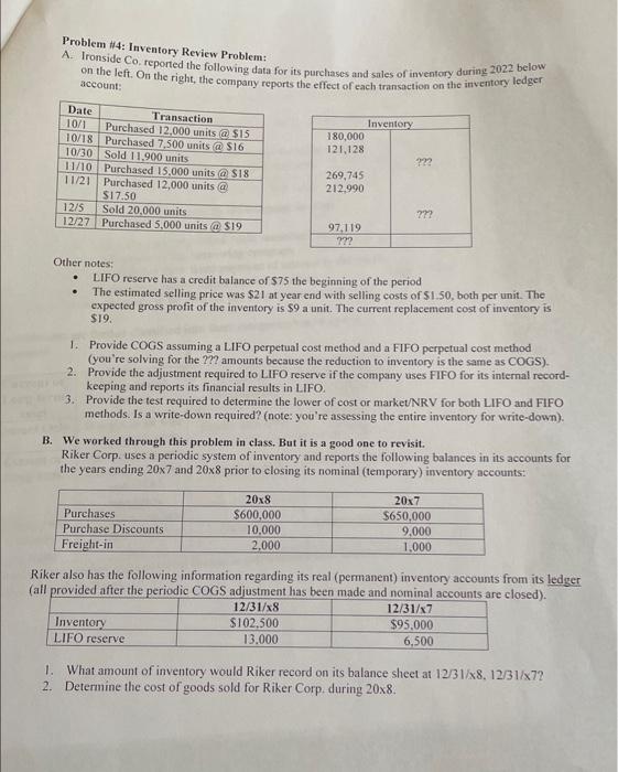 Solved Problem #4: Inventory Review Problem: A. Ironside Co. | Chegg.com