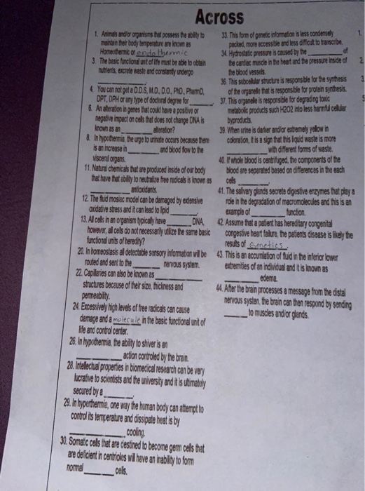 Solved ACROSS 1. Animals andor organisms that possess the | Chegg.com